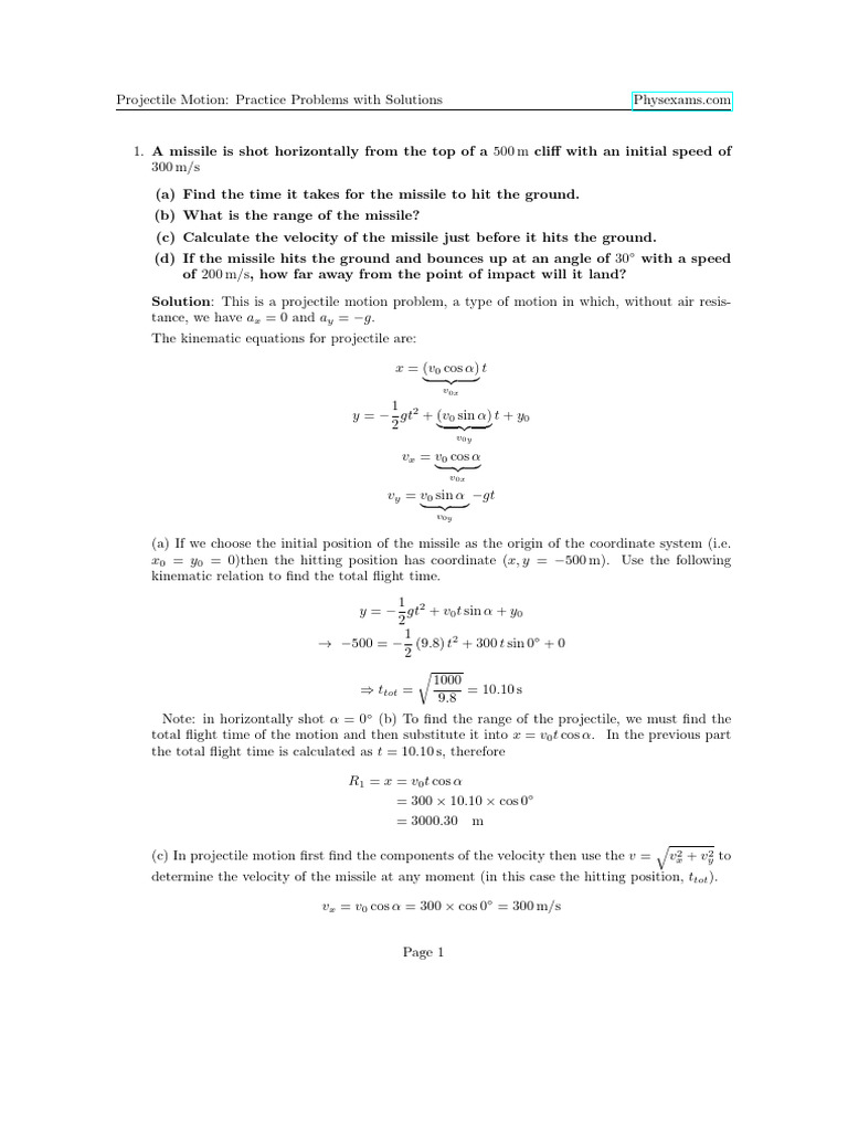 Projectile Motion Worksheet Answers PDF | PDF | Projectiles | Applied ...