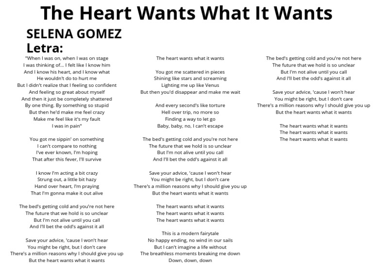 SELENA GOMES - LETRA DA MÚSICA 'The Heart Wants What It Wants | PDF