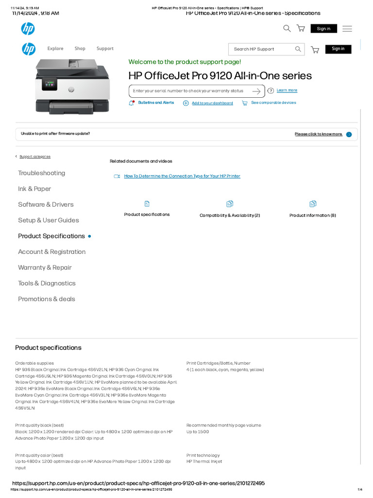 HP OfficeJet Pro 9120 All-in-One Series - Specifications - HP® Support ...