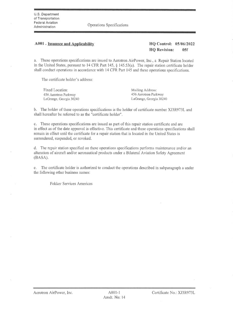 Faa Approved Repair Station Operations Specifications 2023 | PDF