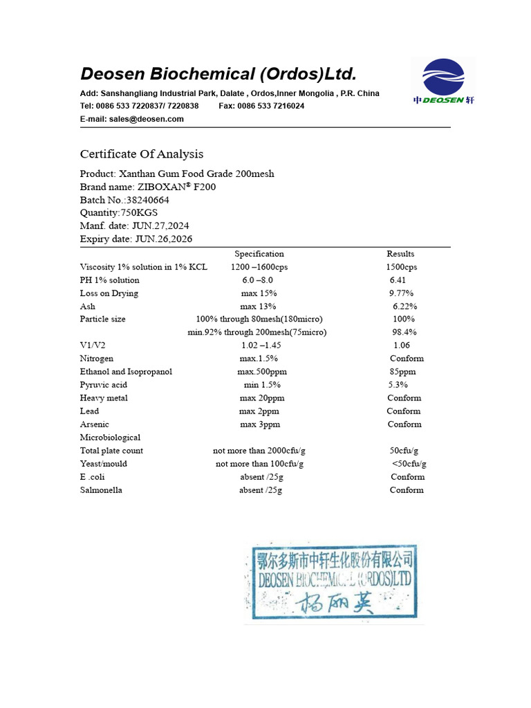 Deosen Biochemical (Ordos) LTD.: Certificate of Analysis | PDF