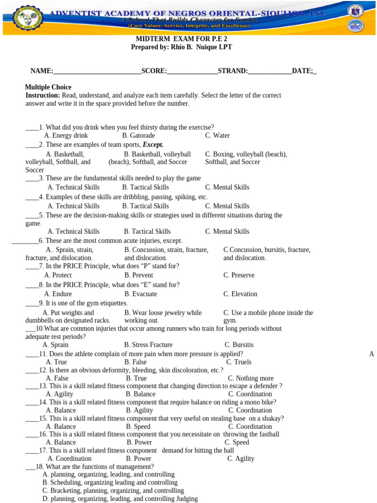 Midterm Exam for Pe 2 g11-Second Sem Copy | PDF