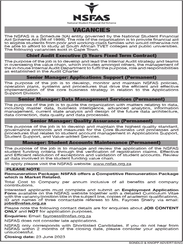 5573 - 18X3 - Nsfas Vacancy Advert | PDF | Audit | Internal Audit