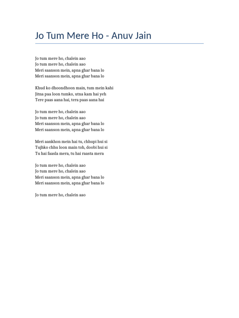 Jo Tum Mere Ho Lyrics | PDF