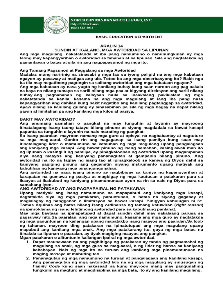 Notes Aralin 14 Sundin at Igalang, Mga Awtoridad Sa Lipunan | PDF