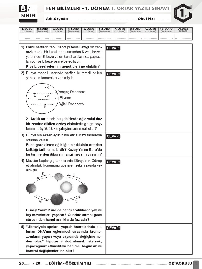 Sinif Fen Bilimleri 1. Donem 1. Yazili | PDF