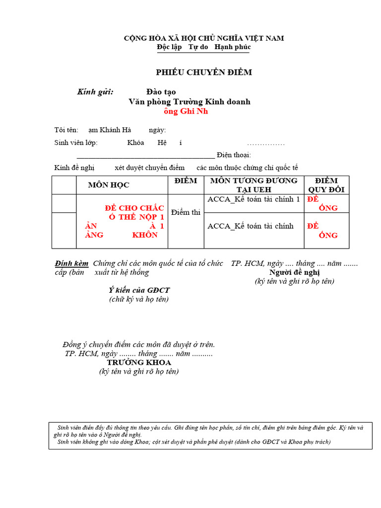 Phieu Chuyen Diem CCNNQT - ACCA | PDF
