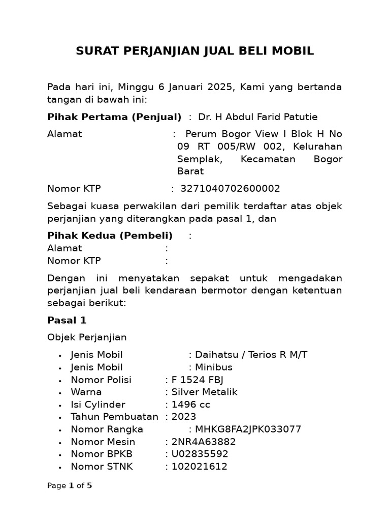 Surat Perjanjian Jual Beli Mobil | PDF