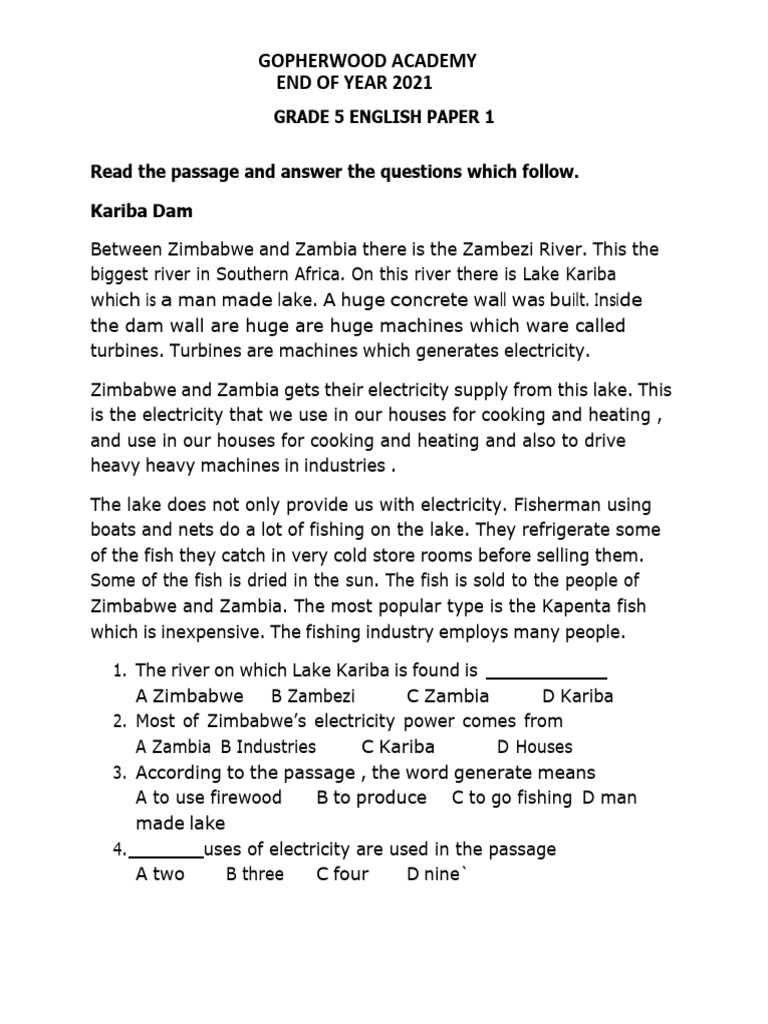 Grade 5 English Paper 1-1 - Gopherwood End of Year | PDF