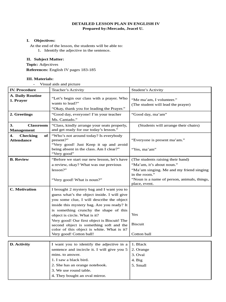 DETAILED LESSON PLAN IN ENGLISH Adjectives | PDF | Adjective | Lesson Plan