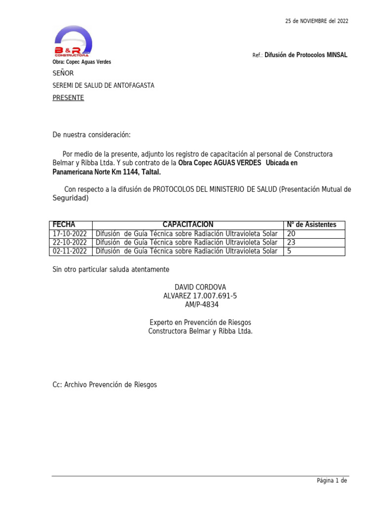 Carta de Protocolo Uv - Seremi | PDF