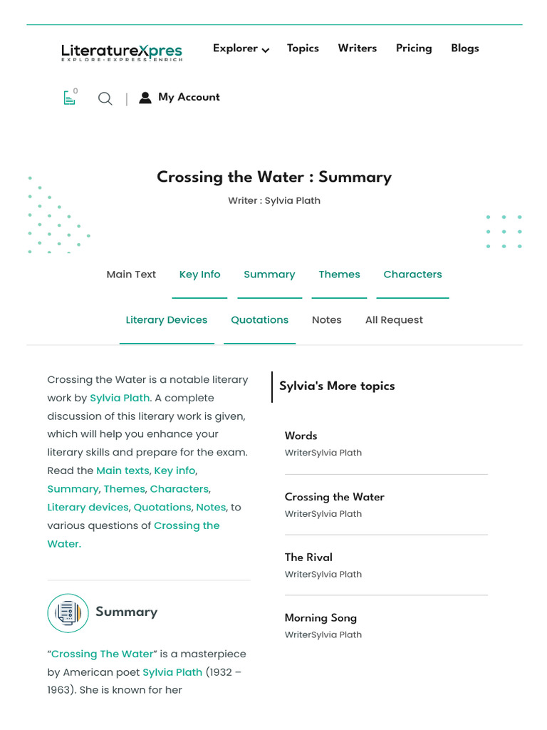 Crossing the Water Summary – Literature Xpres | PDF | Poetry