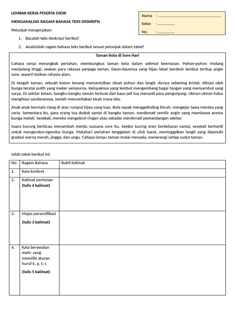 LKPD KAIDAH KEBAHASAAN TEKS DEKSIRPSI | PDF
