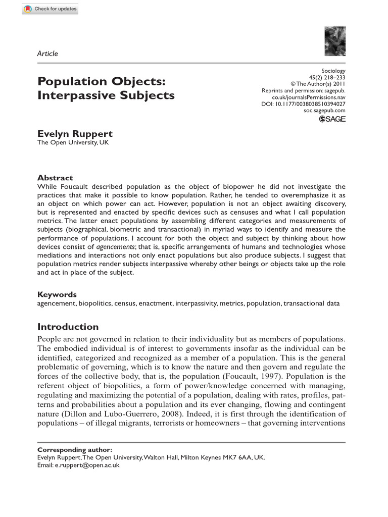 Ruppert 2011 Population Objects Interpassive Subjects | PDF | Identity ...