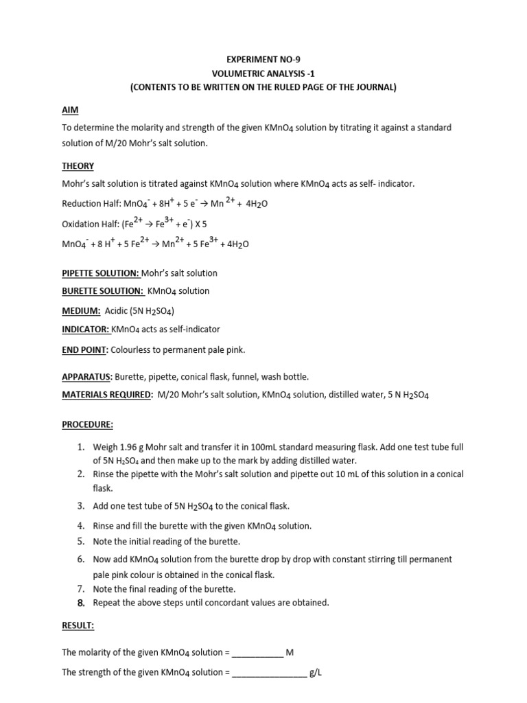 Titration of Mohr's Salt with KMnO4 | PDF | Titration | Chemistry