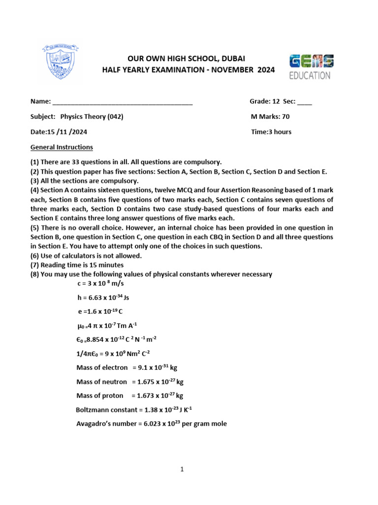 PHYSICS HALF YEARLY QP | PDF | Inductor | Diffraction