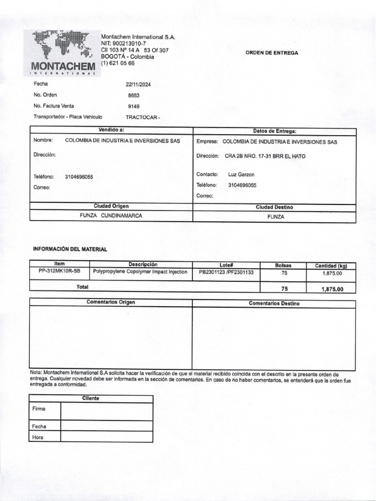 Remision Fe9149 - Colombia de Industria e Inversiones Sas - 0001 | PDF