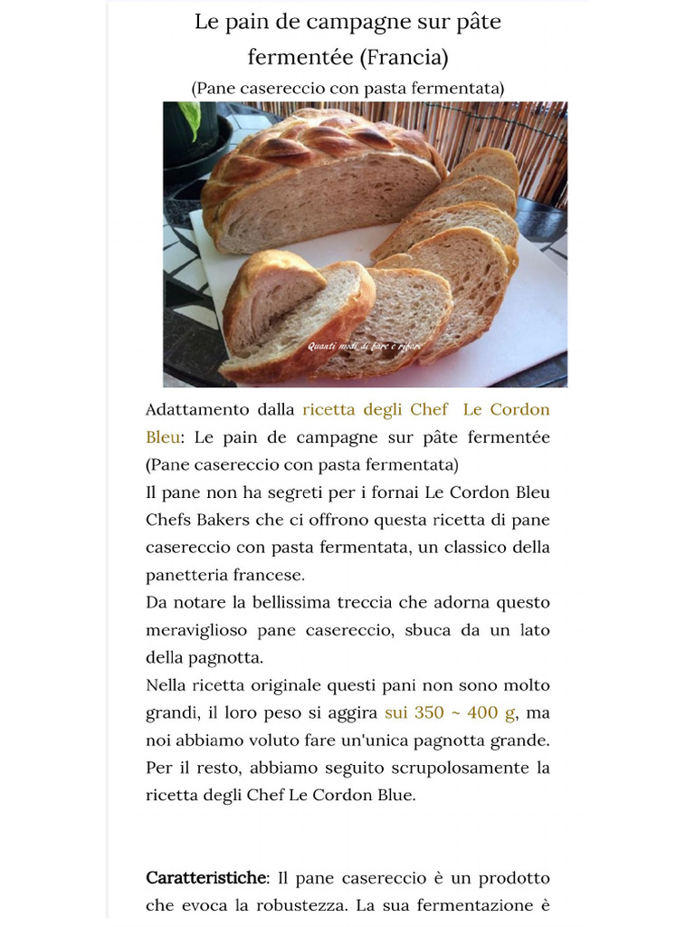 Ricetta Pane Le Pain de Campagne Sur Pâte Fermentée (Francia) | PDF