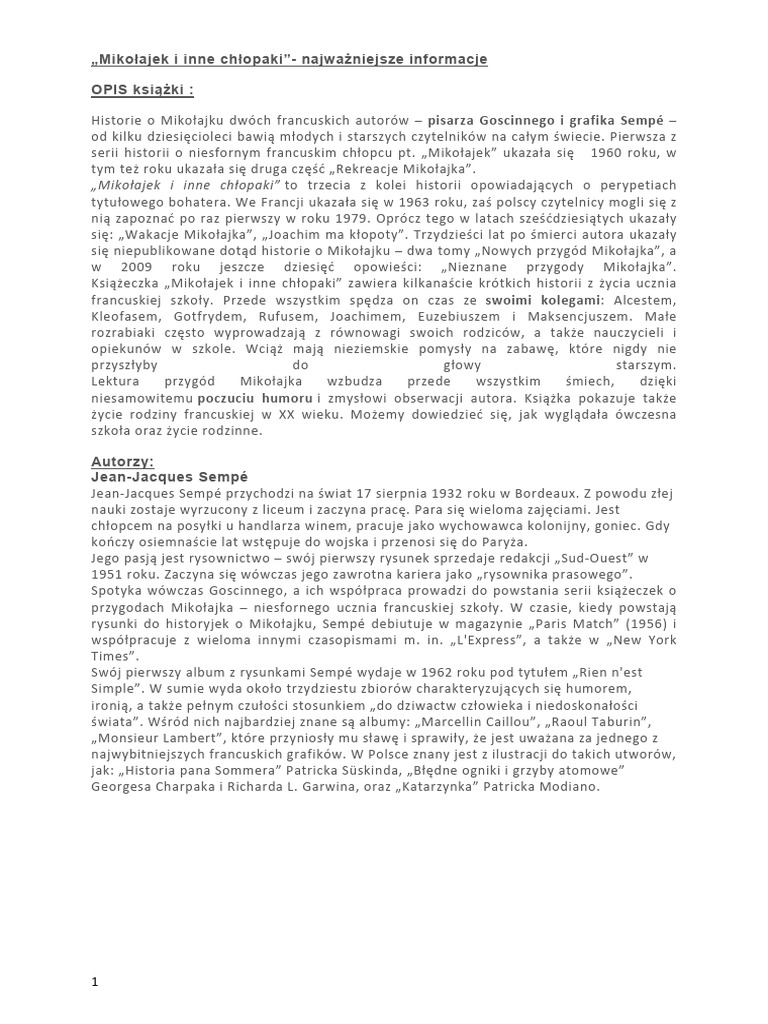 Mikołajek I Inne Chłopaki - Najważniejsze Informacje | PDF