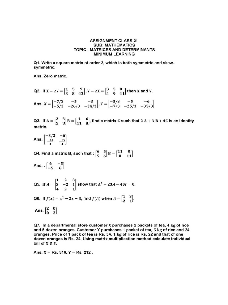 Xii Matrices and Determinants (2024-25) | PDF