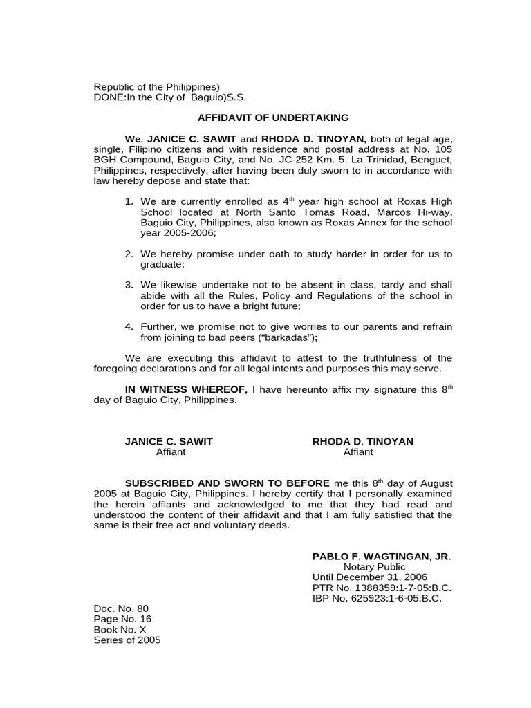Affidavit of Undertaking | PDF