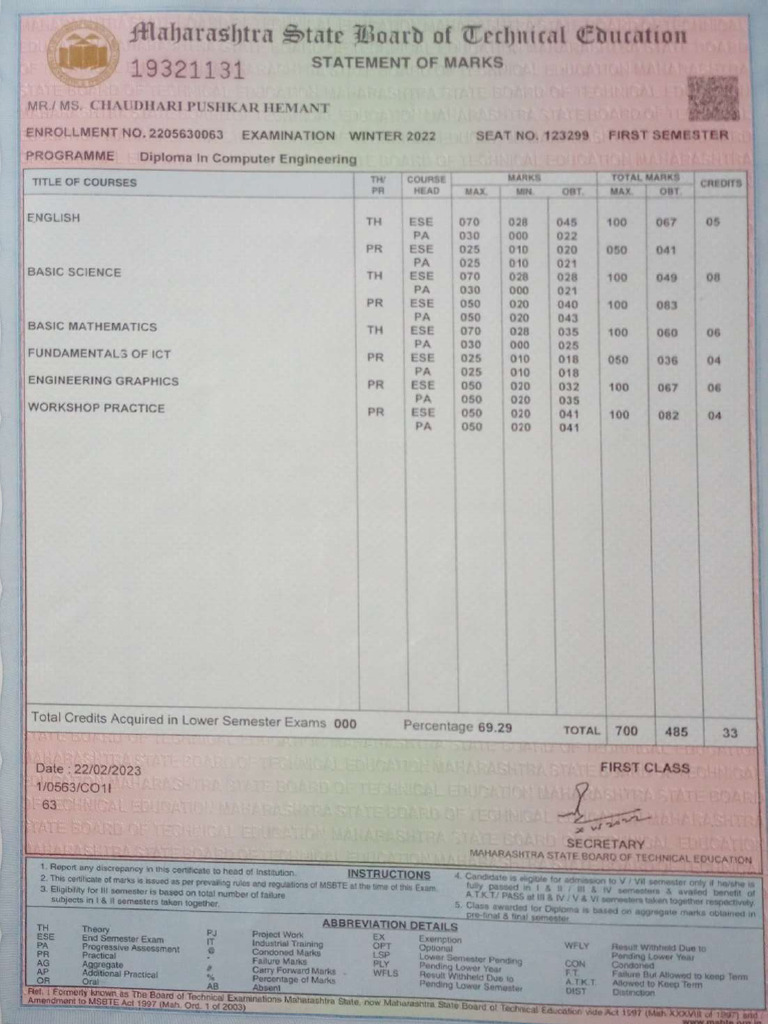 .Trashed 1736822512 Sem 1 Marksheet - Compressed | PDF | Career And Technical Education ...