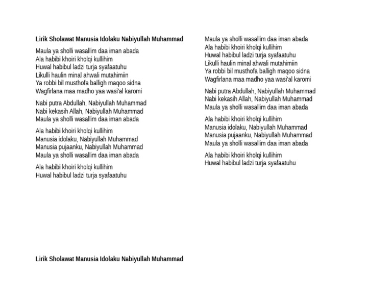 Lirik Sholawat Manusia Idolaku | PDF