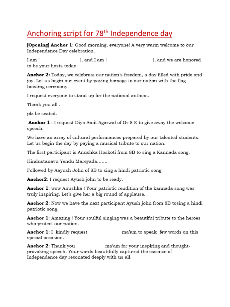 Anchoring Script For 78th Independence Day | PDF
