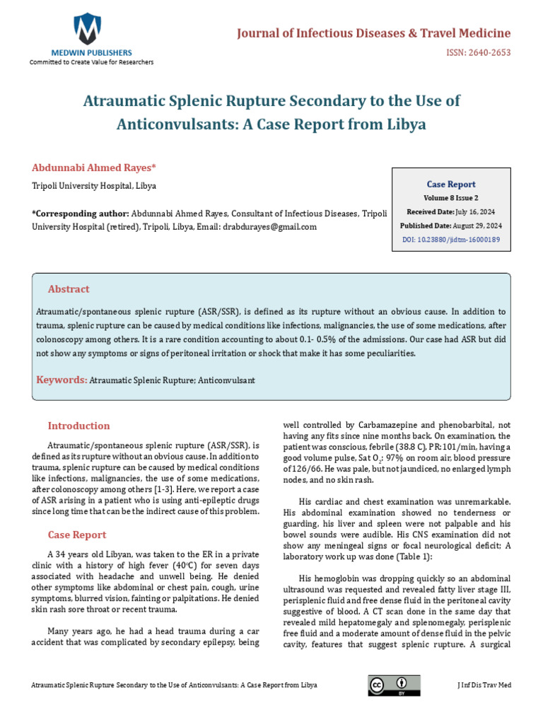 Atraumatic Splenic Rupture Secondary To The Use of Anticonvulsants A ...