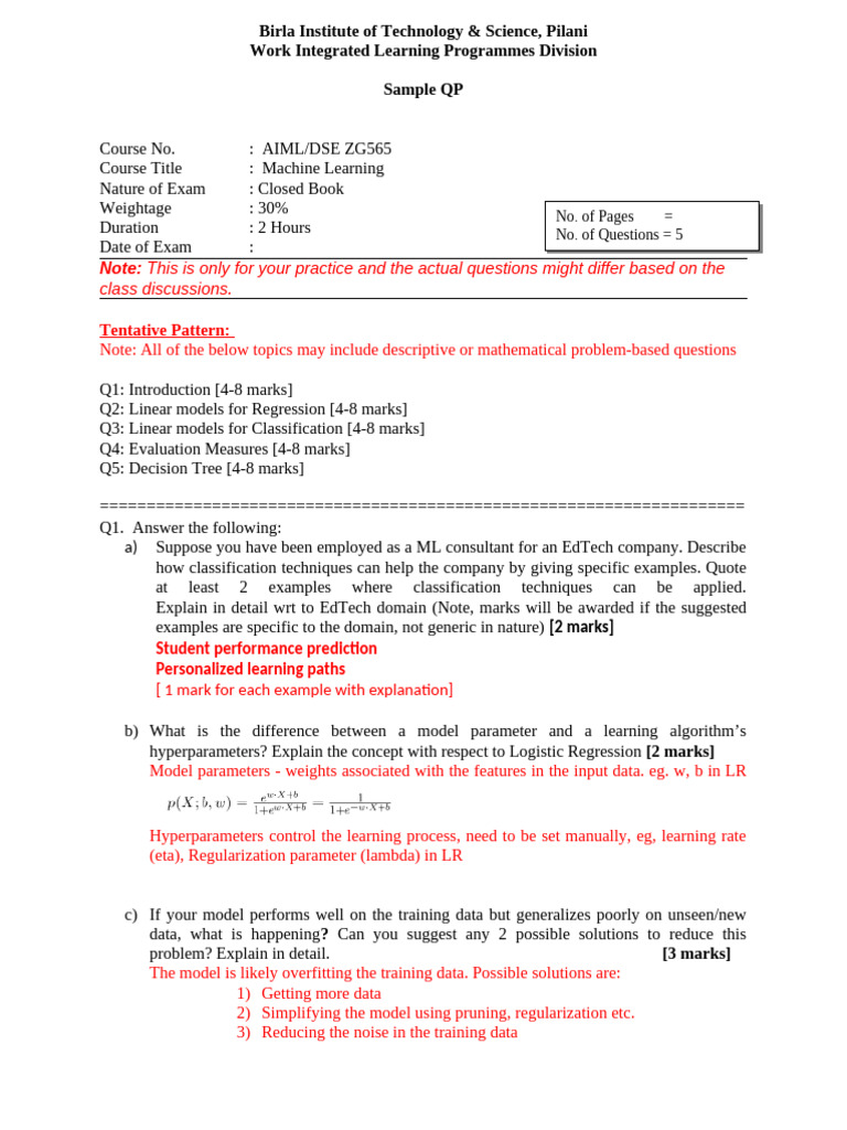 Sample QP | PDF | Regression Analysis | Logistic Regression