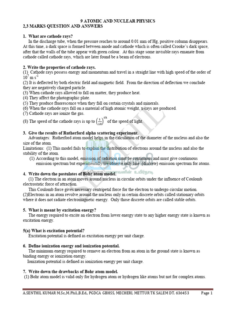 12th Physics Unit 9 Atomic and Nuclear Physics Full Study Material ...
