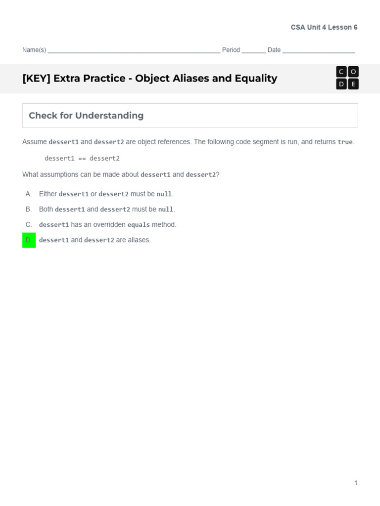 (Key) Csa U4l6 Object Aliases and Equality Extra Practice | PDF ...