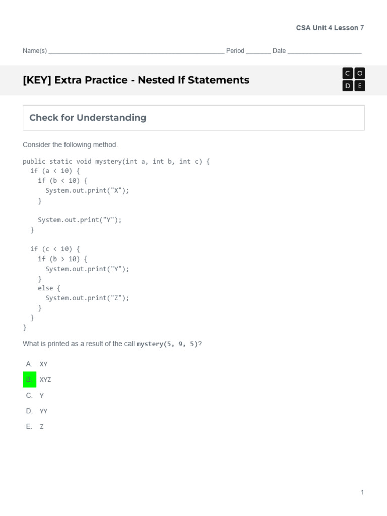 (Key) Csa U4l7 Nested If Statements Extra Practice | PDF | Programming Paradigms | Computing