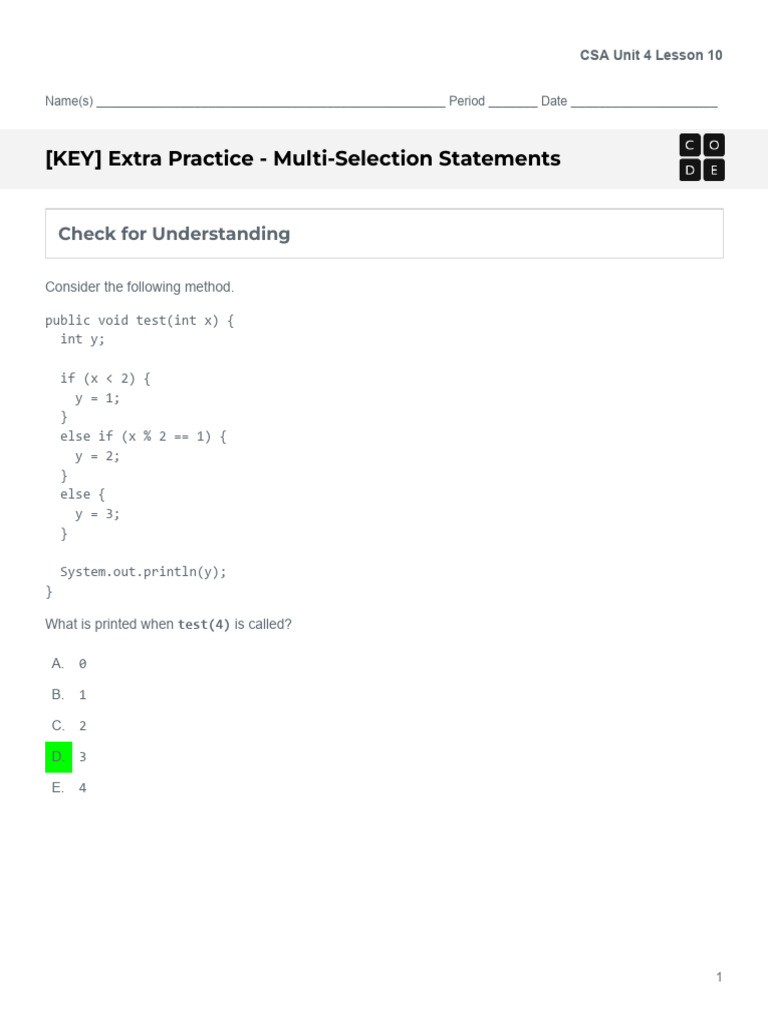 (Key) Csa U4l10 Multi-Selection Statements Extra Practice | PDF
