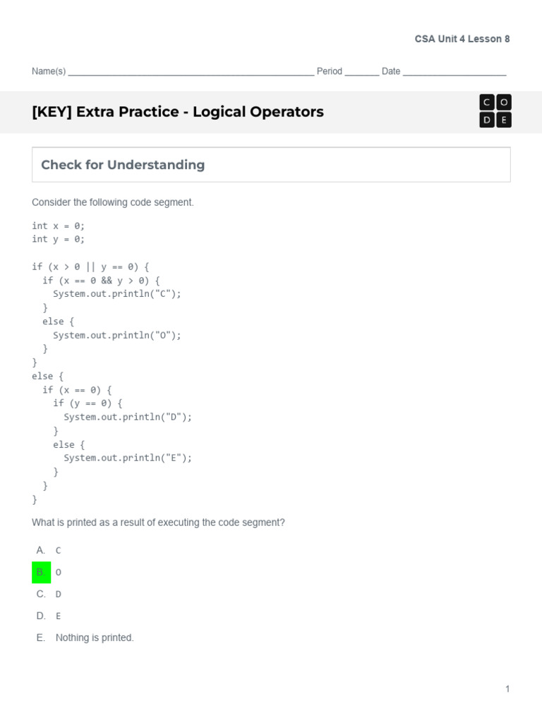 (Key) Csa U4l8 Logical Operators Extra Practice | PDF | Boolean Data ...
