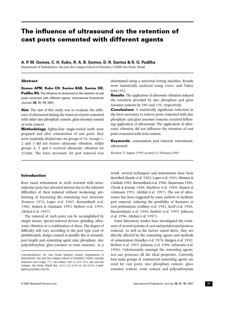 The influence of ultrasound on the retention of cast posts cemented ...
