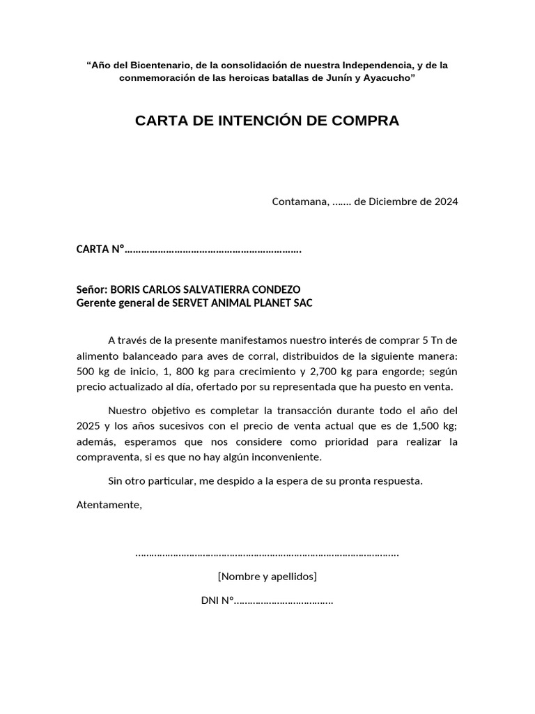 Carta Intencion de Compra-Boris | PDF