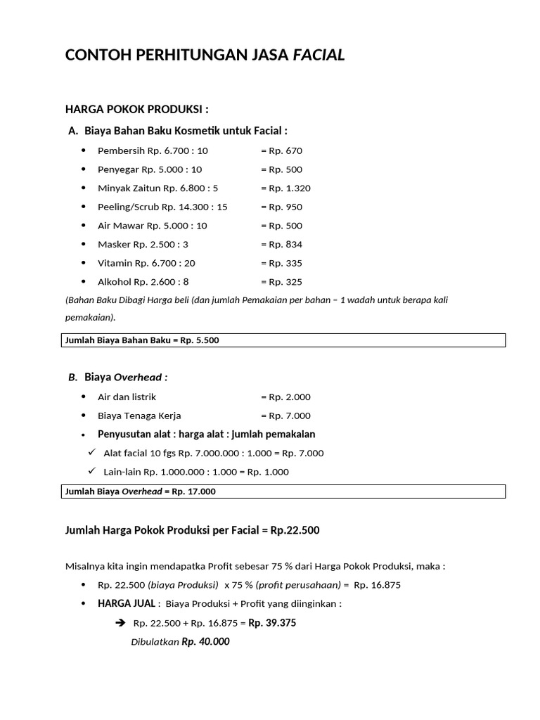 Contoh Perhitungan HPP Jasa Facial | PDF