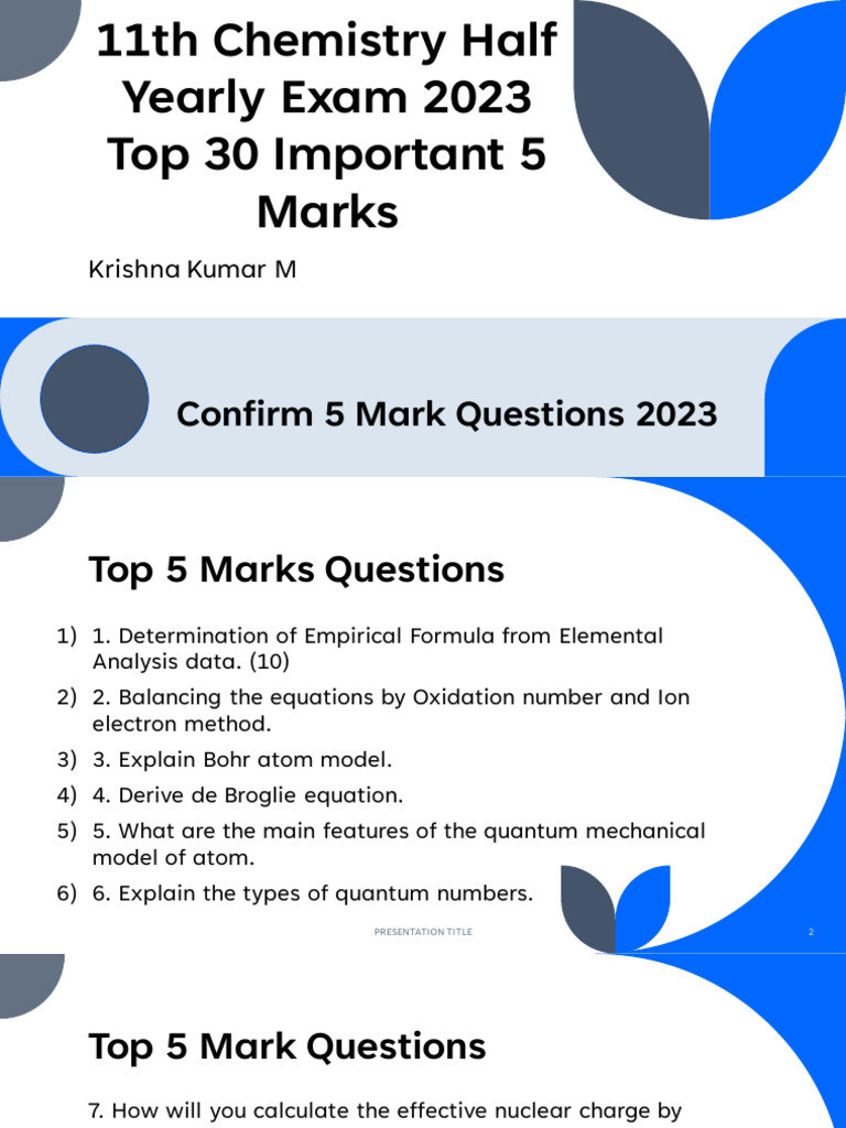 11th Chemistry Important 5 Mark | PDF | Chemistry | Atoms