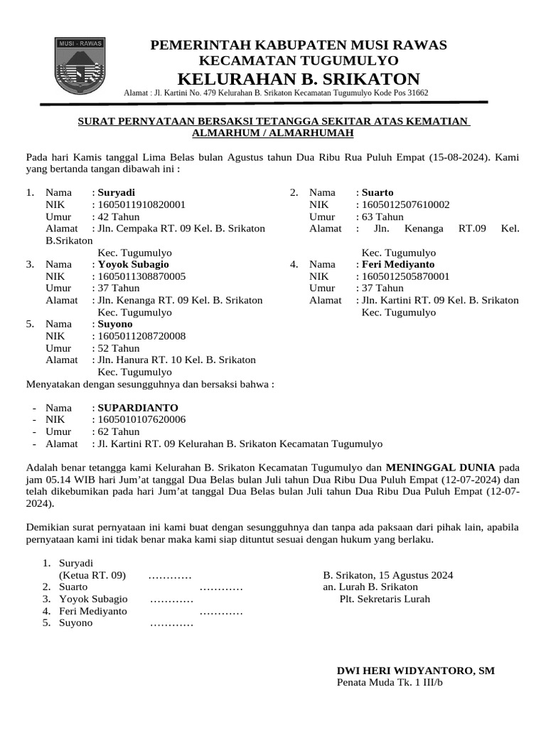 Surat Pernyataan Bersaksi | PDF