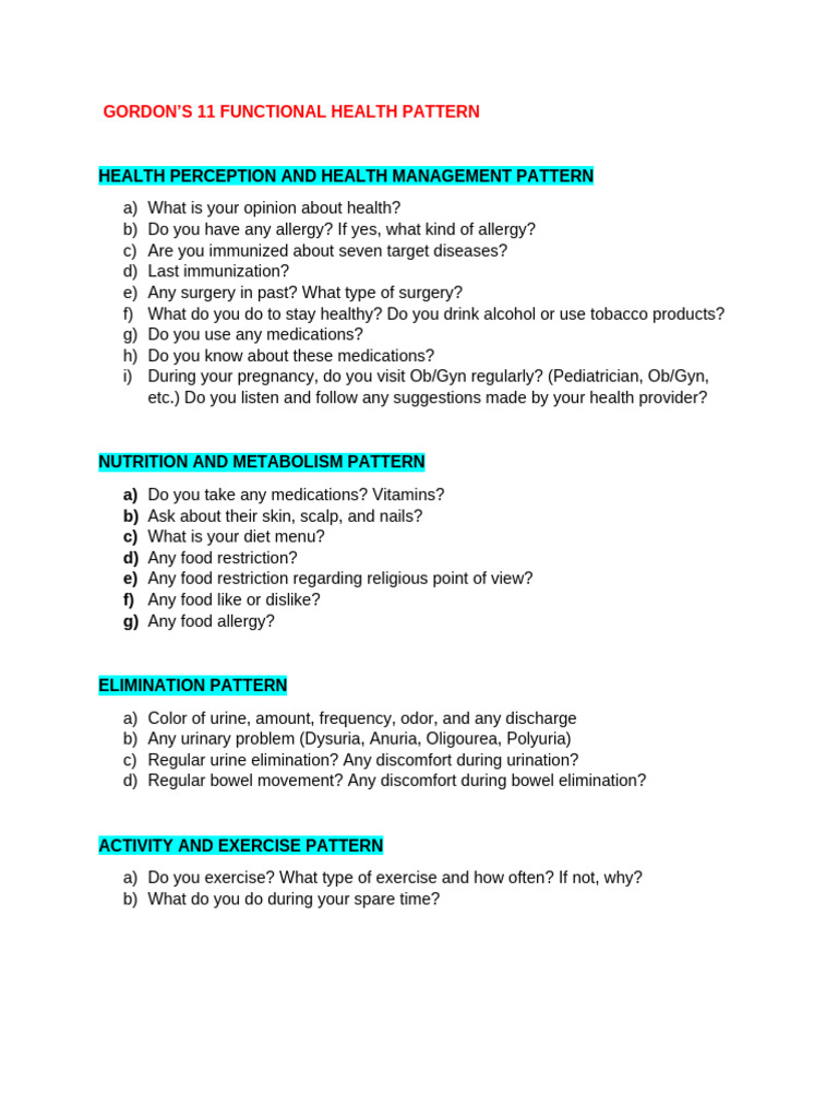 Gordons 11 Functional Health Pattern | PDF | Menstrual Cycle | Urine
