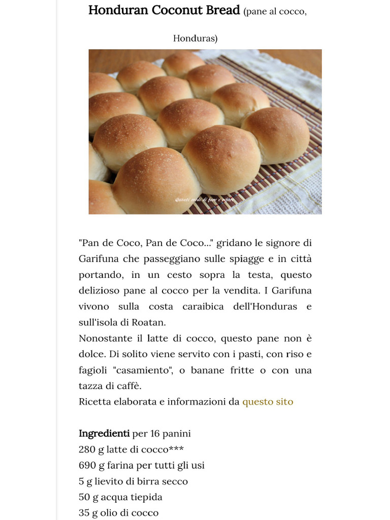 Ricetta Pane Honduran Coconut Bread (Pane Al Cocco, Honduras) | PDF