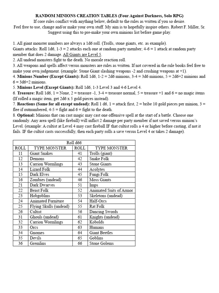 4AD Random Minions Creation Table V2 | PDF | Fantasy
