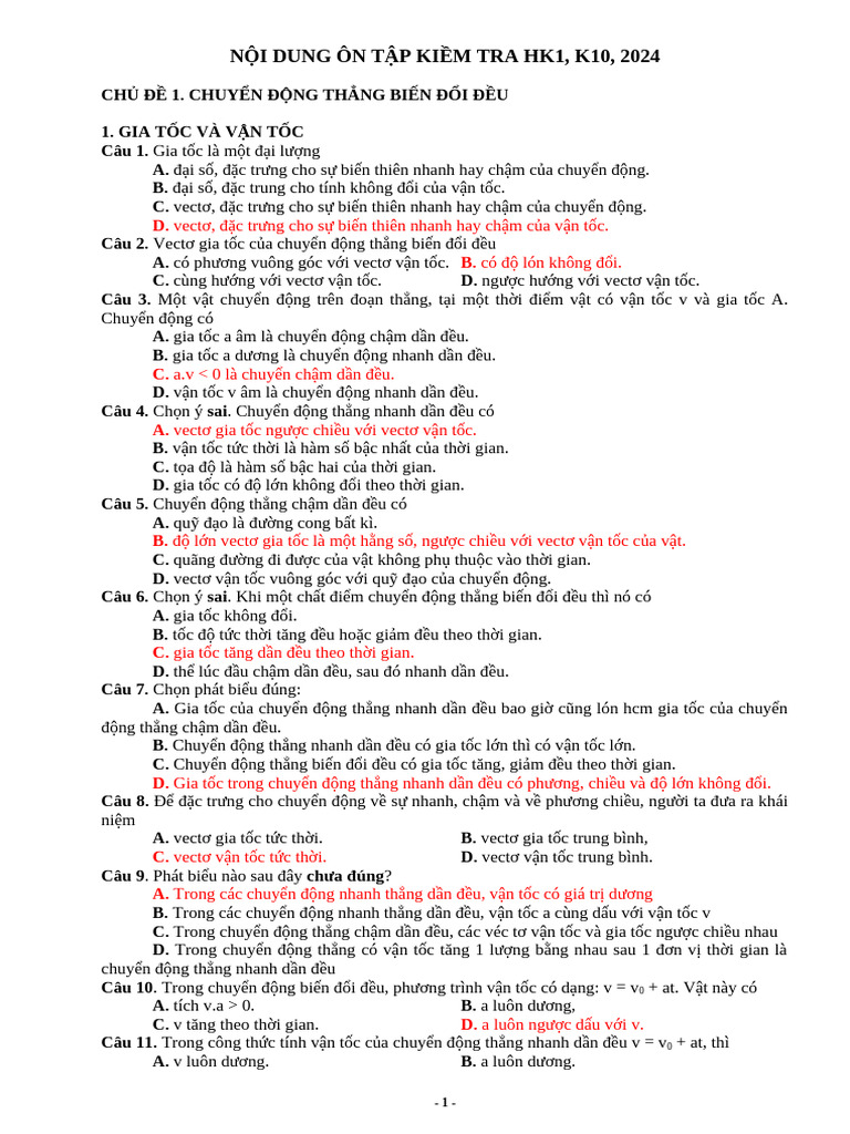 NỘI DUNG ÔN TẬP VÂT LÝ 10 HK1 | PDF
