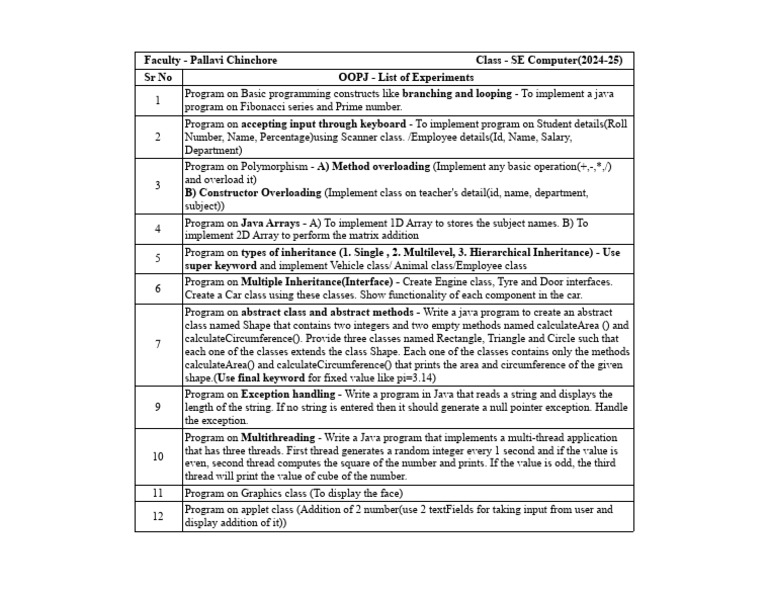 OOPJ List of Experiments - Updated | PDF | Class (Computer Programming) | Computer Program