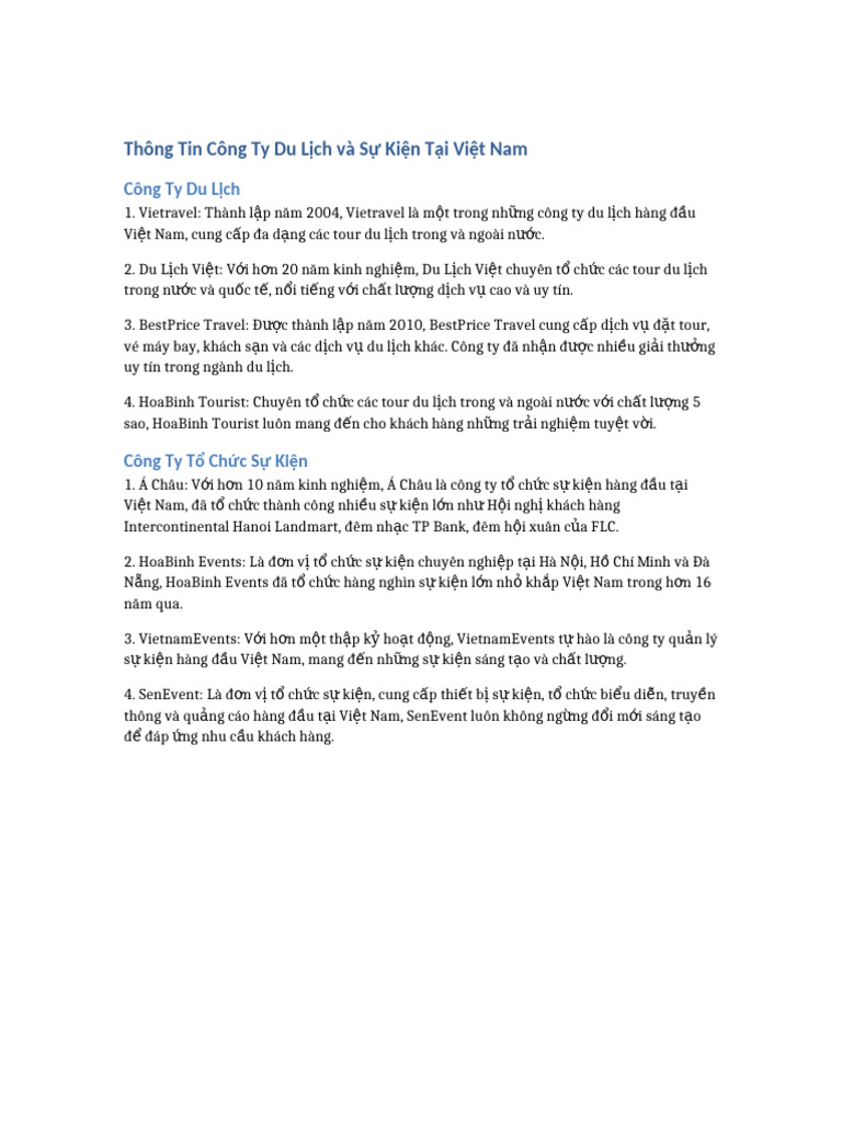 Thong Tin Cong Ty Du Lich Su Kien | PDF