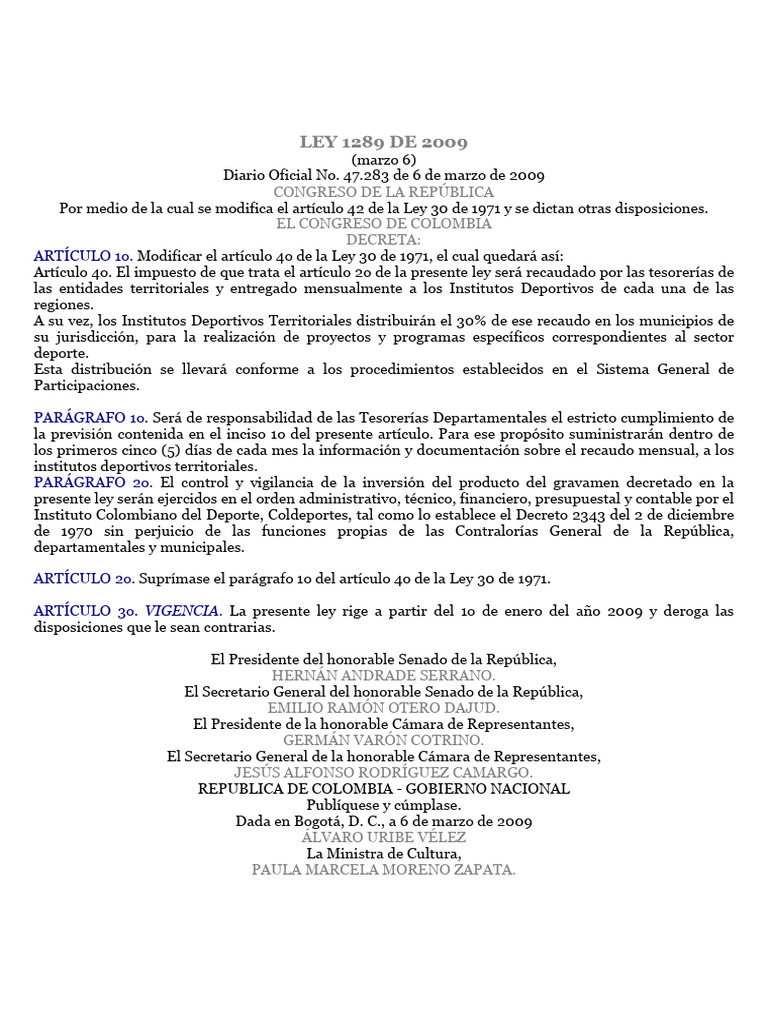 Modificación Ley 1289 de 2009 | PDF | Colombia | Gobernancia
