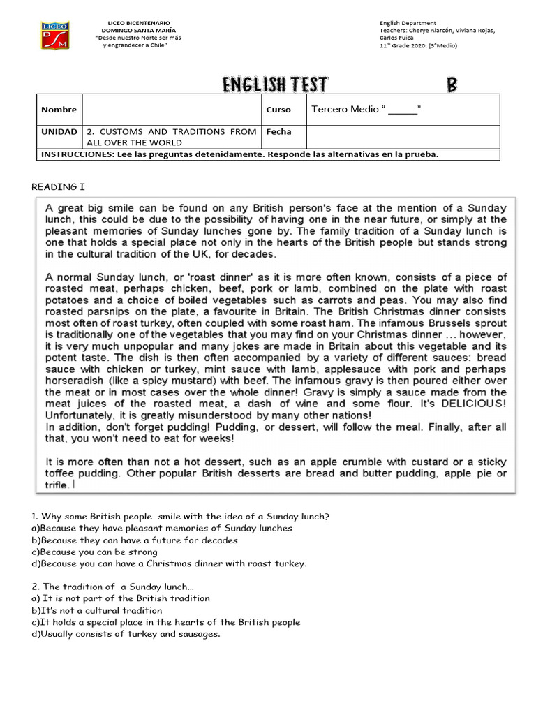 Tercero Ingles Sumativa B | PDF | Foods | Cuisine