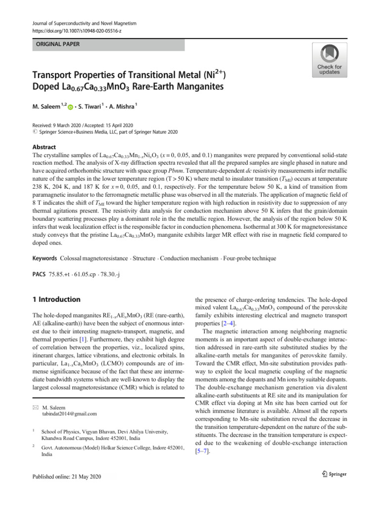 10.1007@s10948 020 05516 Z | PDF | Electrical Resistivity And ...
