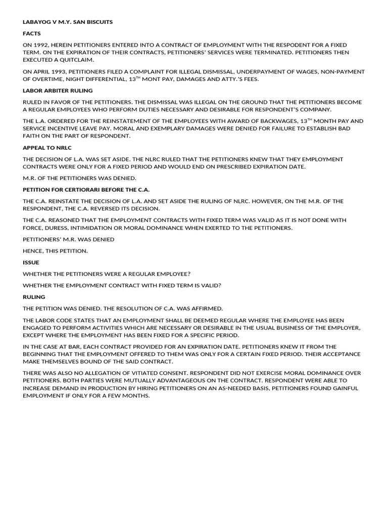 LABAYOG-V-MY-SAN-BISCUITS | PDF | Employment | Labor Relations
